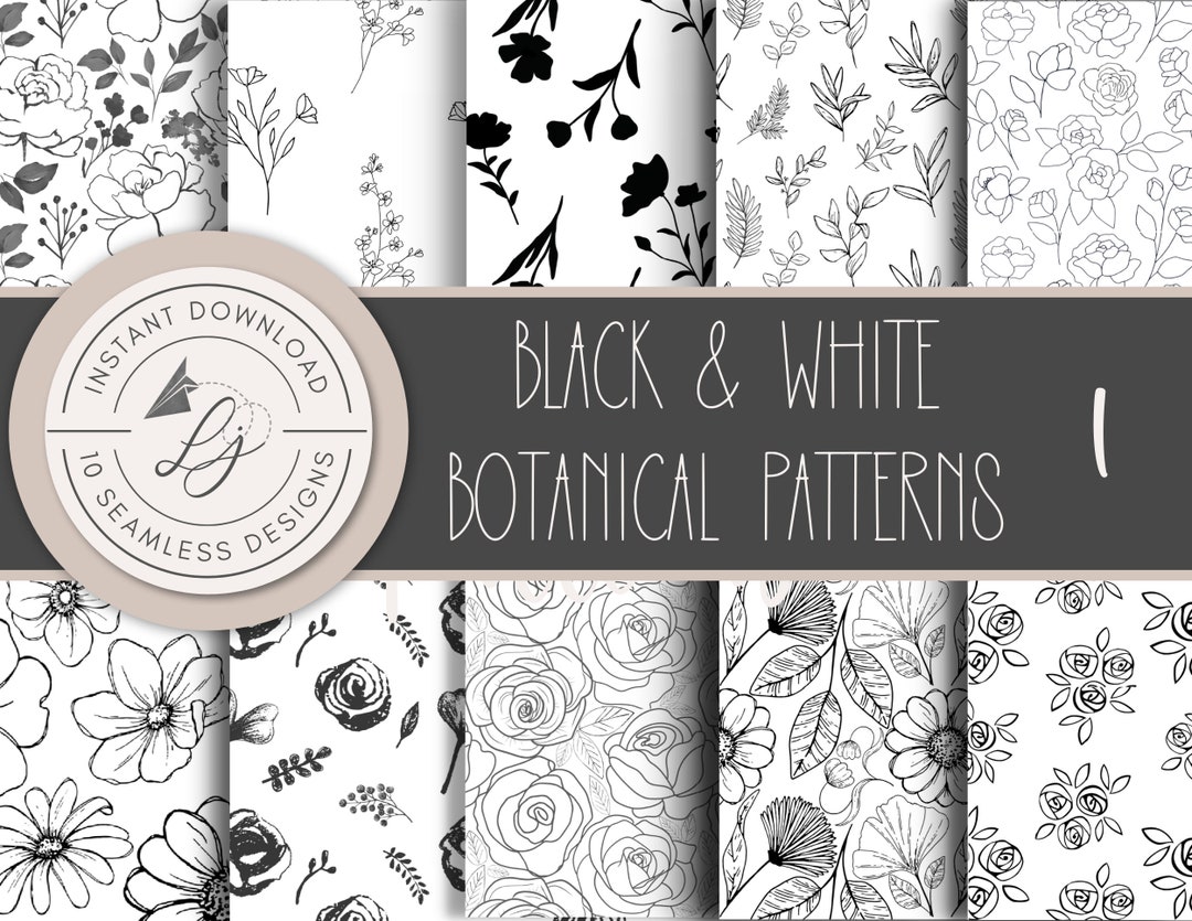 Black and White Digital Paper, Floral Seamless Pattern, Scrapbook Paper ...
