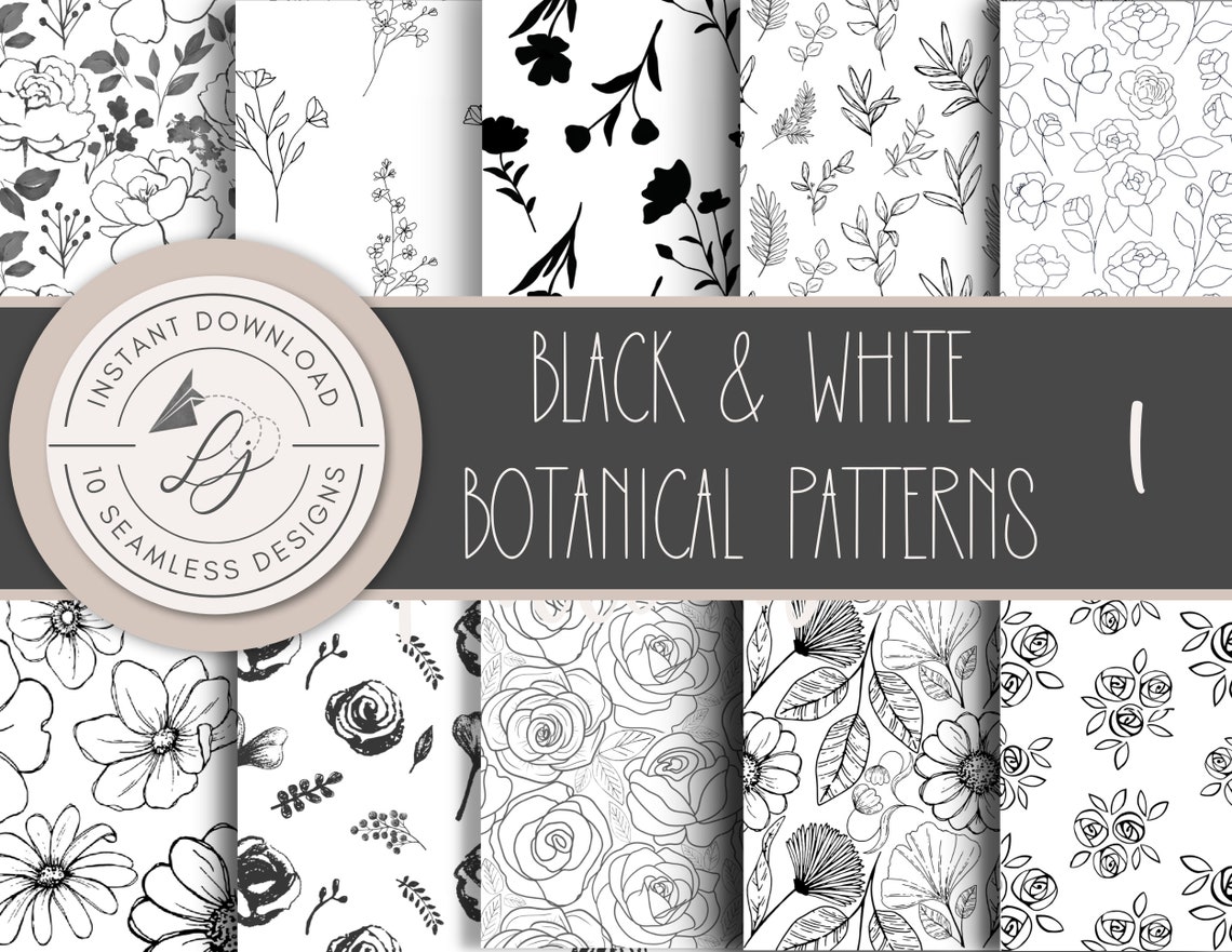 Black and White Floral Pattern, 10 Botanical PNG Designs (digital ...