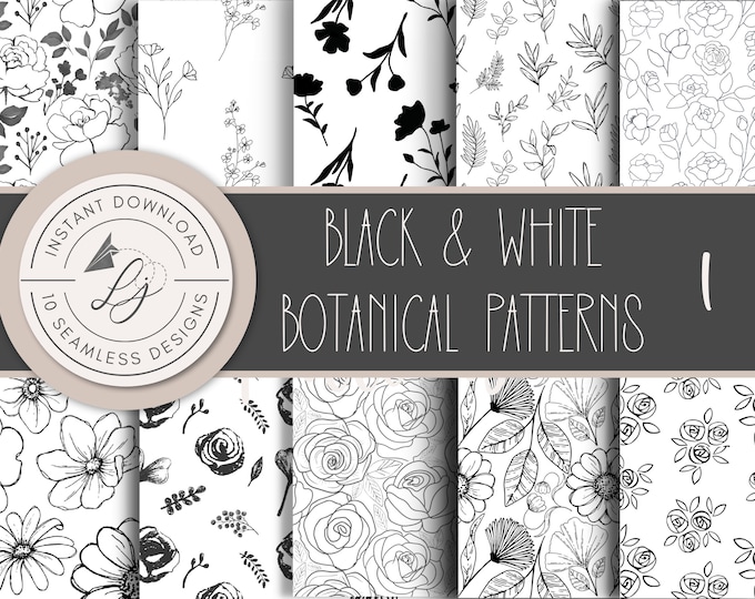 Black and White Digital Paper Floral Seamless Pattern - Etsy