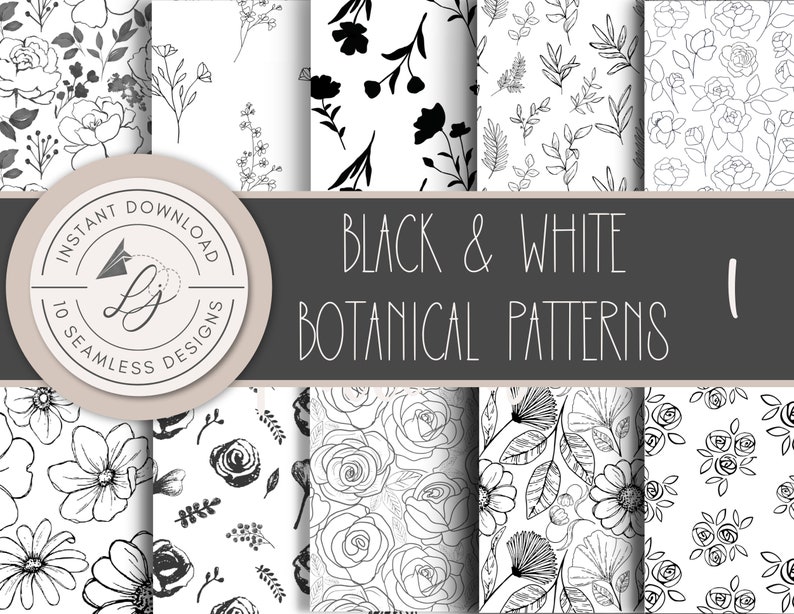 Black and White Digital Paper, Floral Seamless Pattern, Scrapbook Paper ...
