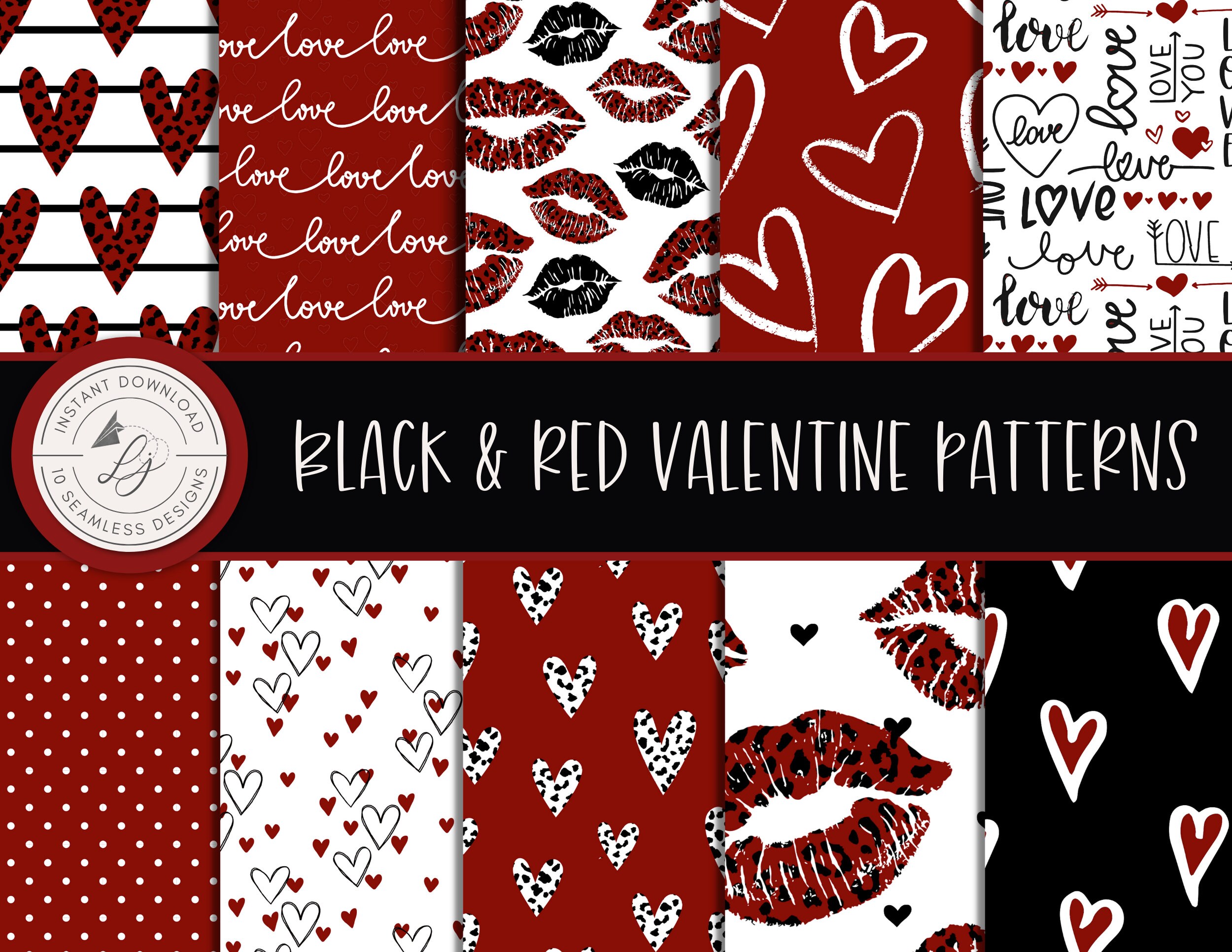 Digital Paper, Valentine Paper, Black and Red Valentine Patterns ...