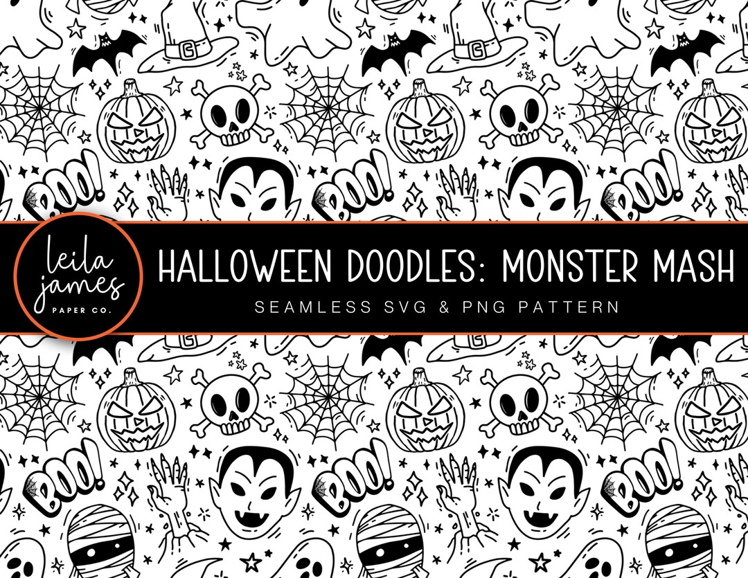 Halloween Doodles Seamless Pattern, Monster Mash SVG PNG (digital ...