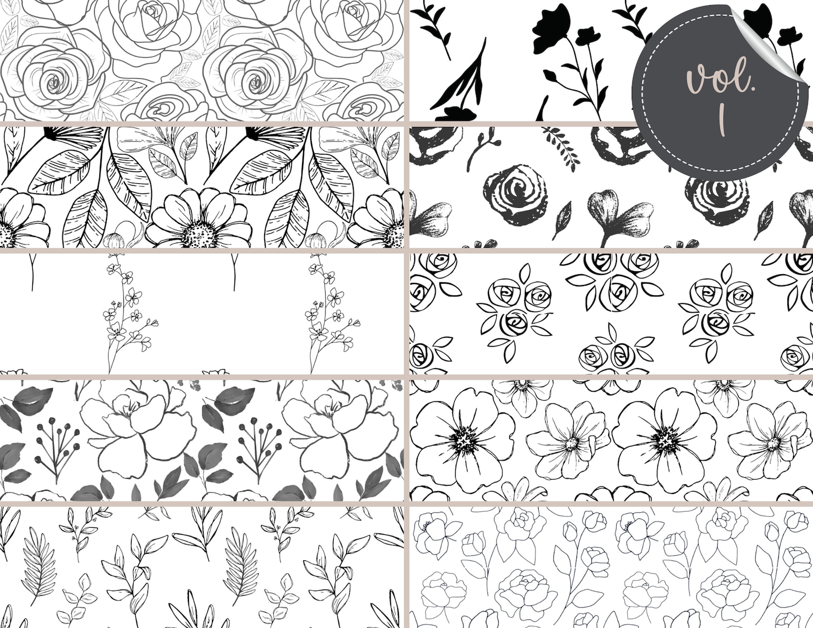 Black and White Floral Pattern, 10 Botanical PNG Designs (digital ...