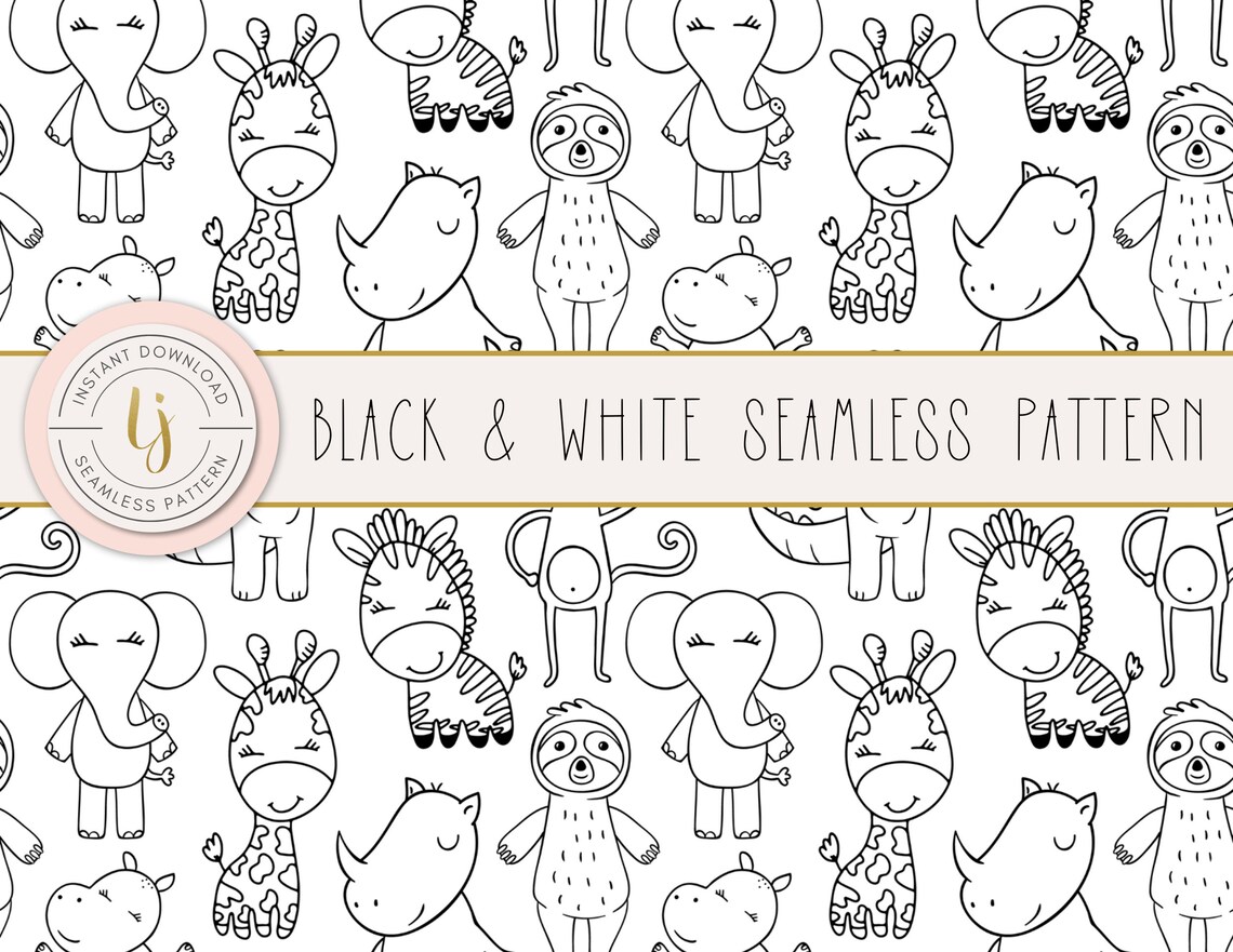 Digital Paper Safari Animals Seamless Pattern Black and - Etsy
