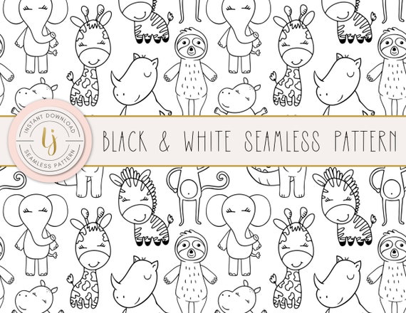 Digital Paper Safari Animals Seamless Pattern Black and - Etsy