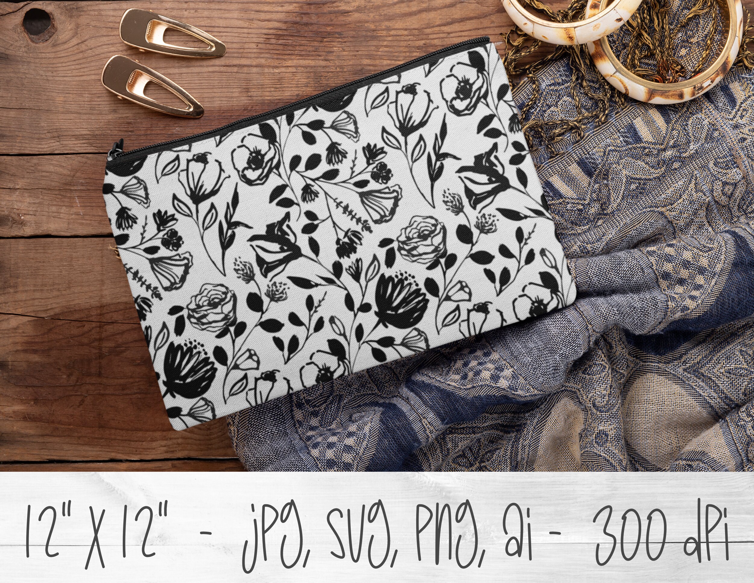 Black and White Digital Paper, Floral Paper, Seamless Pattern, Fabric ...