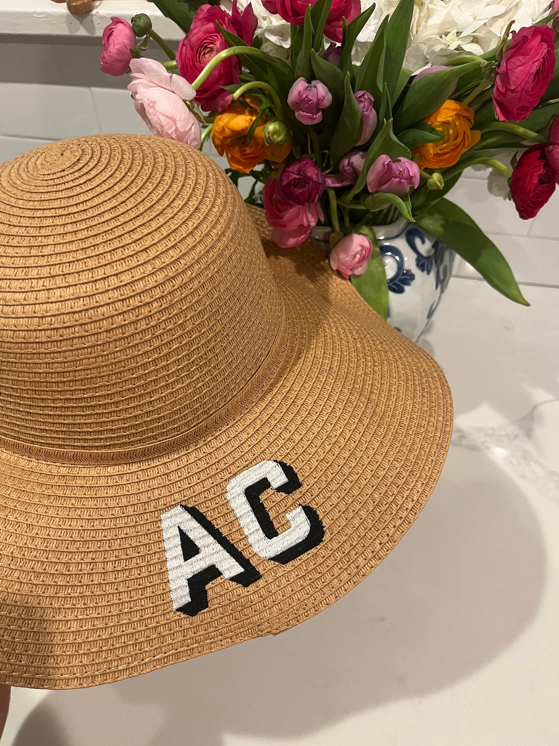 Monogram Straw Round Sunhat, Personalized Beach Hat, Embroidered Straw ...