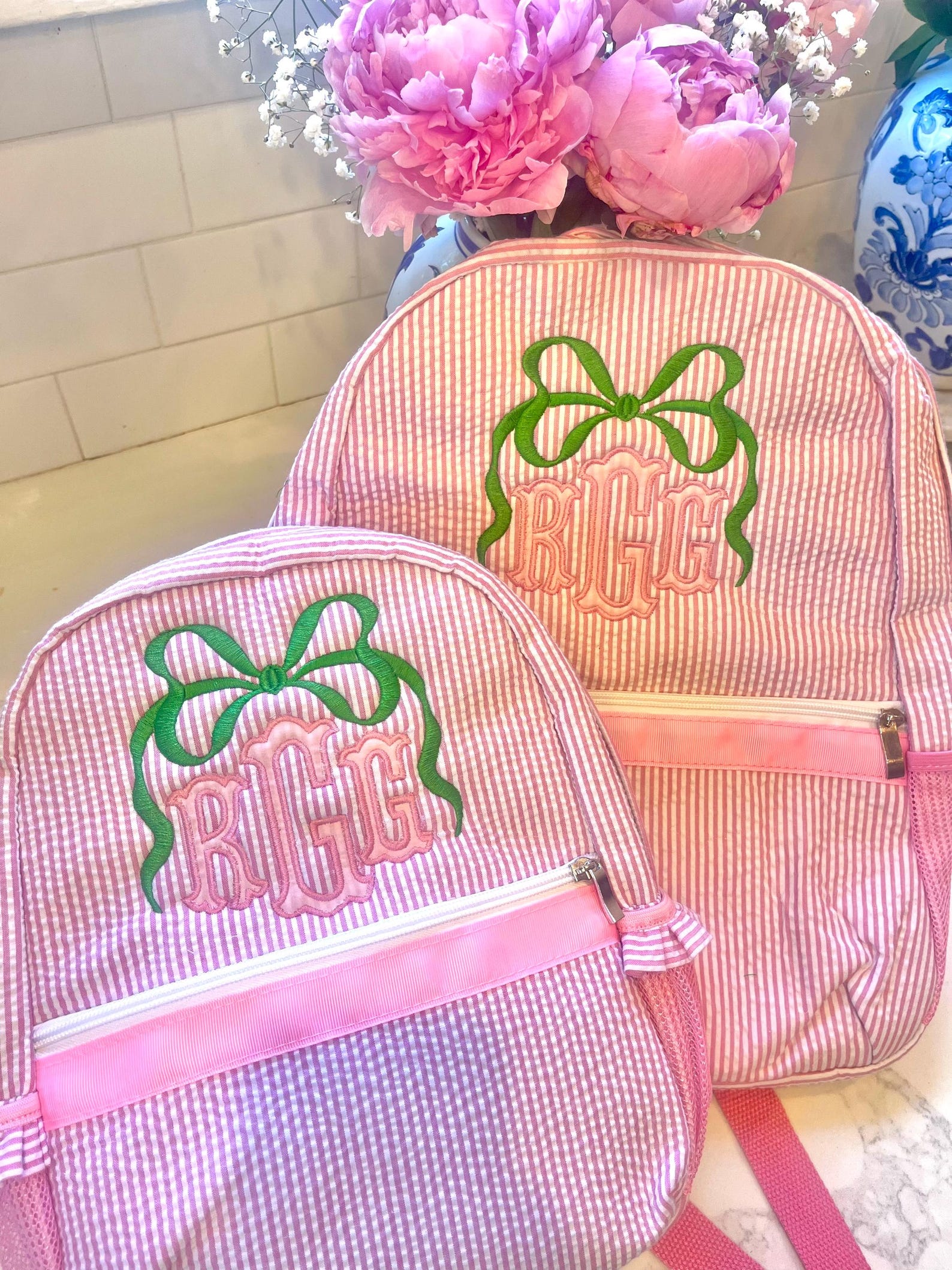 Monogrammed Seersucker Backpack, Personalized Child's Backpack ...