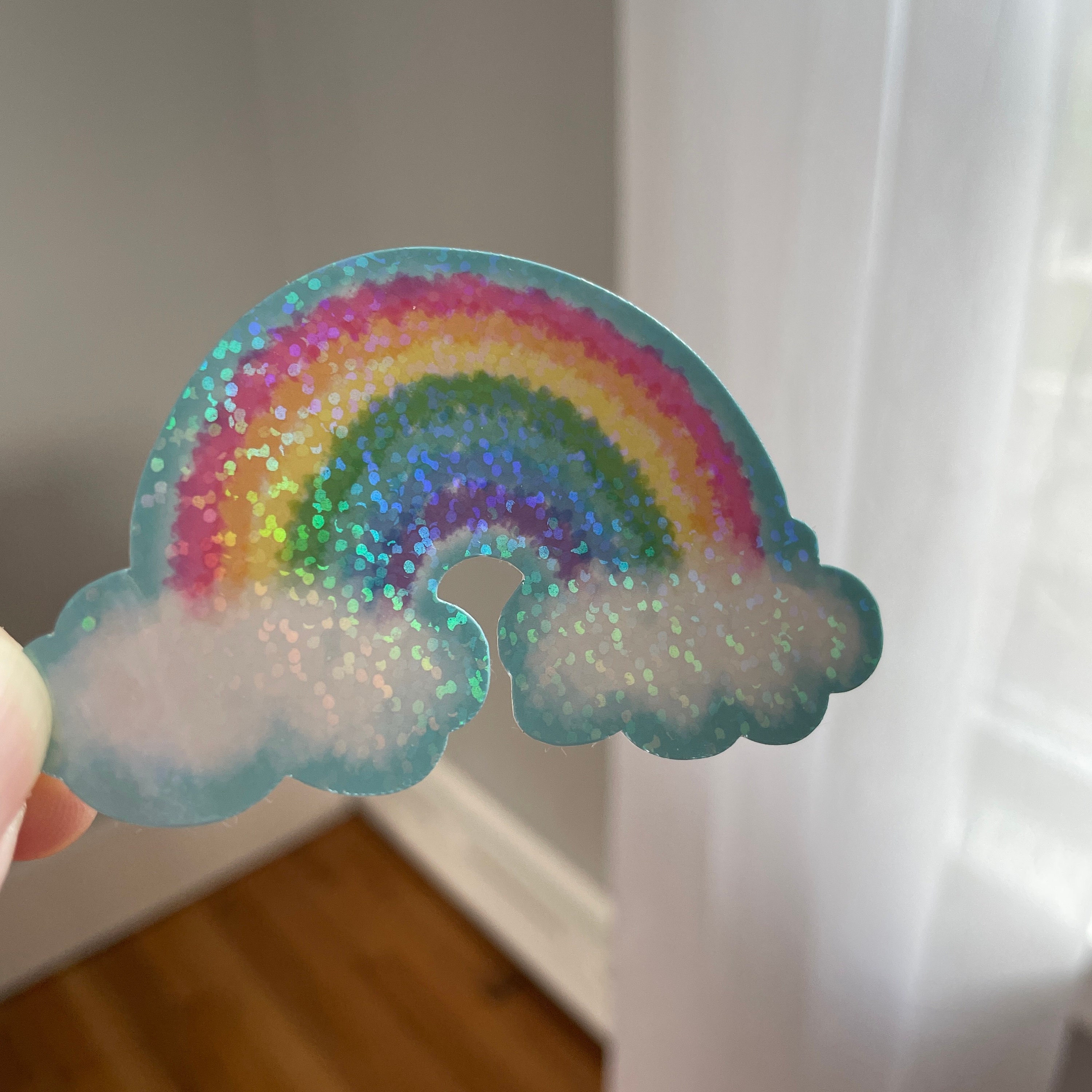 Rainbow With White Clouds Sticker, Glitter Rainbow Vinyl Waterproof ...