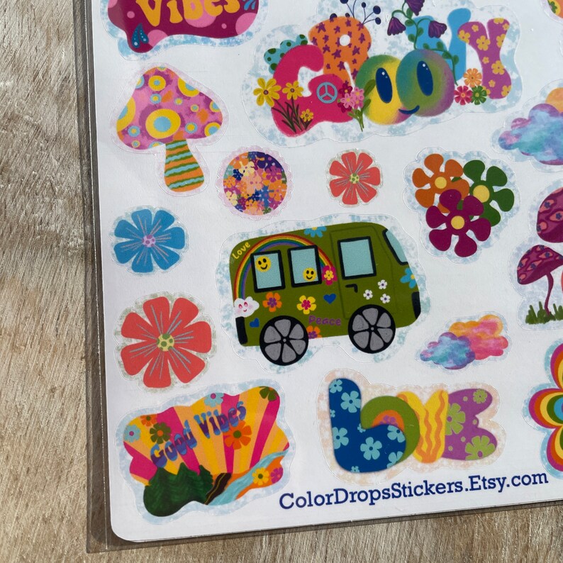 Retro Hippie Stickers Sheets, Good Vibes, Peace Sign, Groovy 60s Vibe ...
