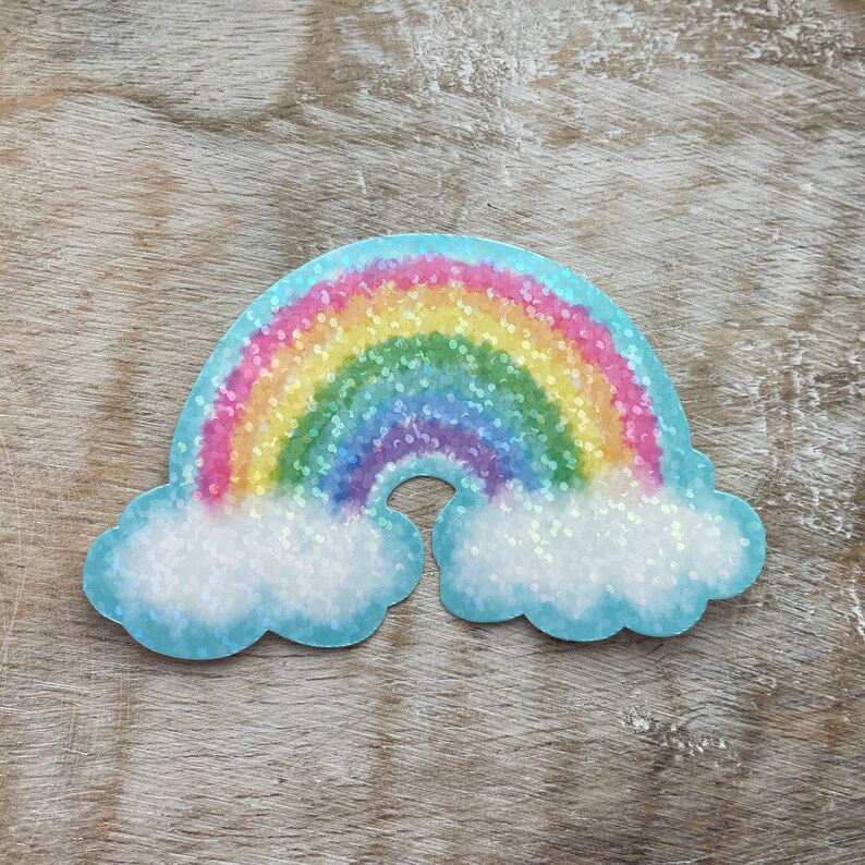 Rainbow With White Clouds Sticker, Glitter Rainbow Vinyl Waterproof ...