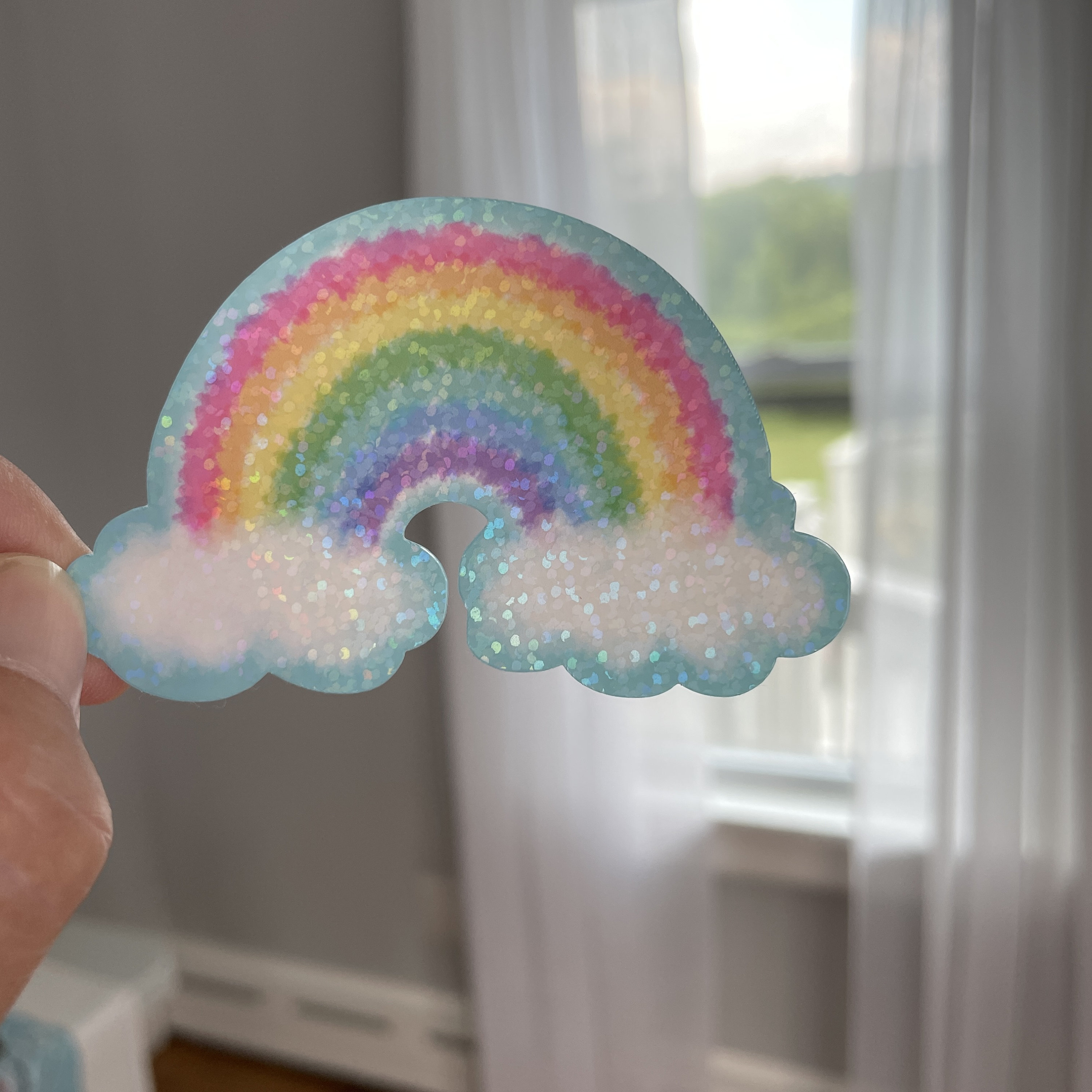 Rainbow With White Clouds Sticker, Glitter Rainbow Vinyl Waterproof ...