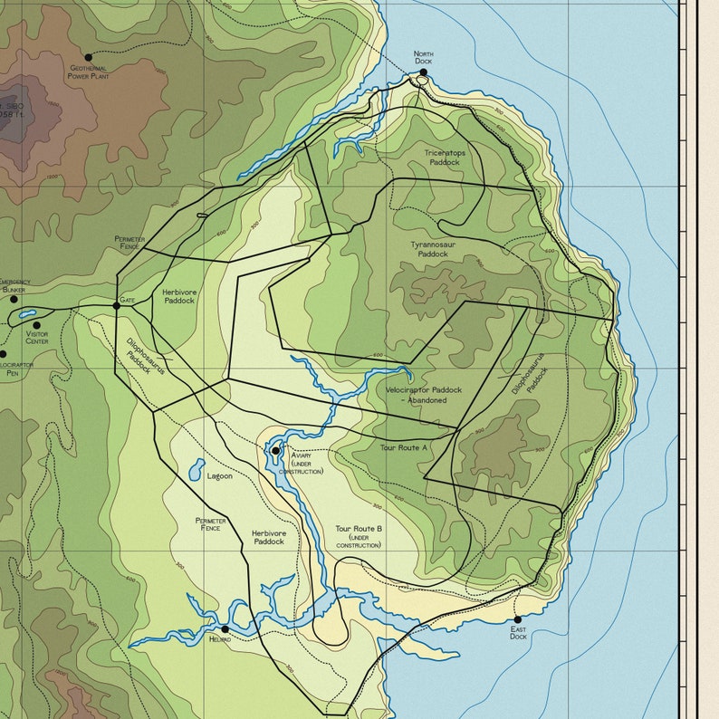 Isla Nublar Topographic Map Print: Jurassic Park Inspired Wall Art ...