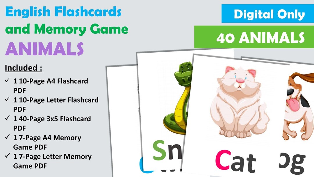 40 English Animals Flashcards and Memory Game Printables (DIGITAL ONLY ...