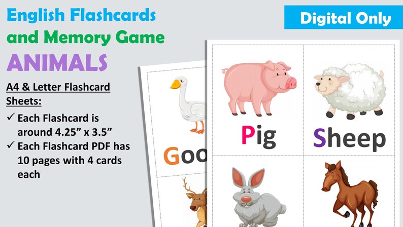 40 English Animals Flashcards and Memory Game Printables (DIGITAL ONLY ...