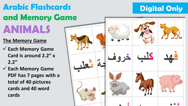 40 Printable Arabic Animals Flashcards and Memory Game (DIGITAL ONLY ...
