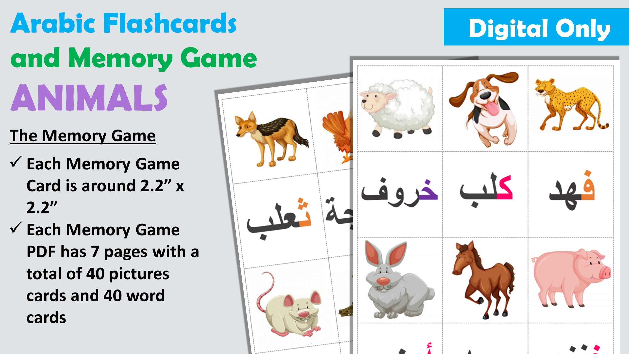 40 Printable Arabic Animals Flashcards and Memory Game (DIGITAL ONLY ...