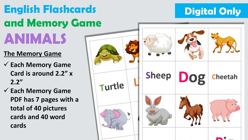 40 English Animals Flashcards and Memory Game Printables (DIGITAL ONLY ...