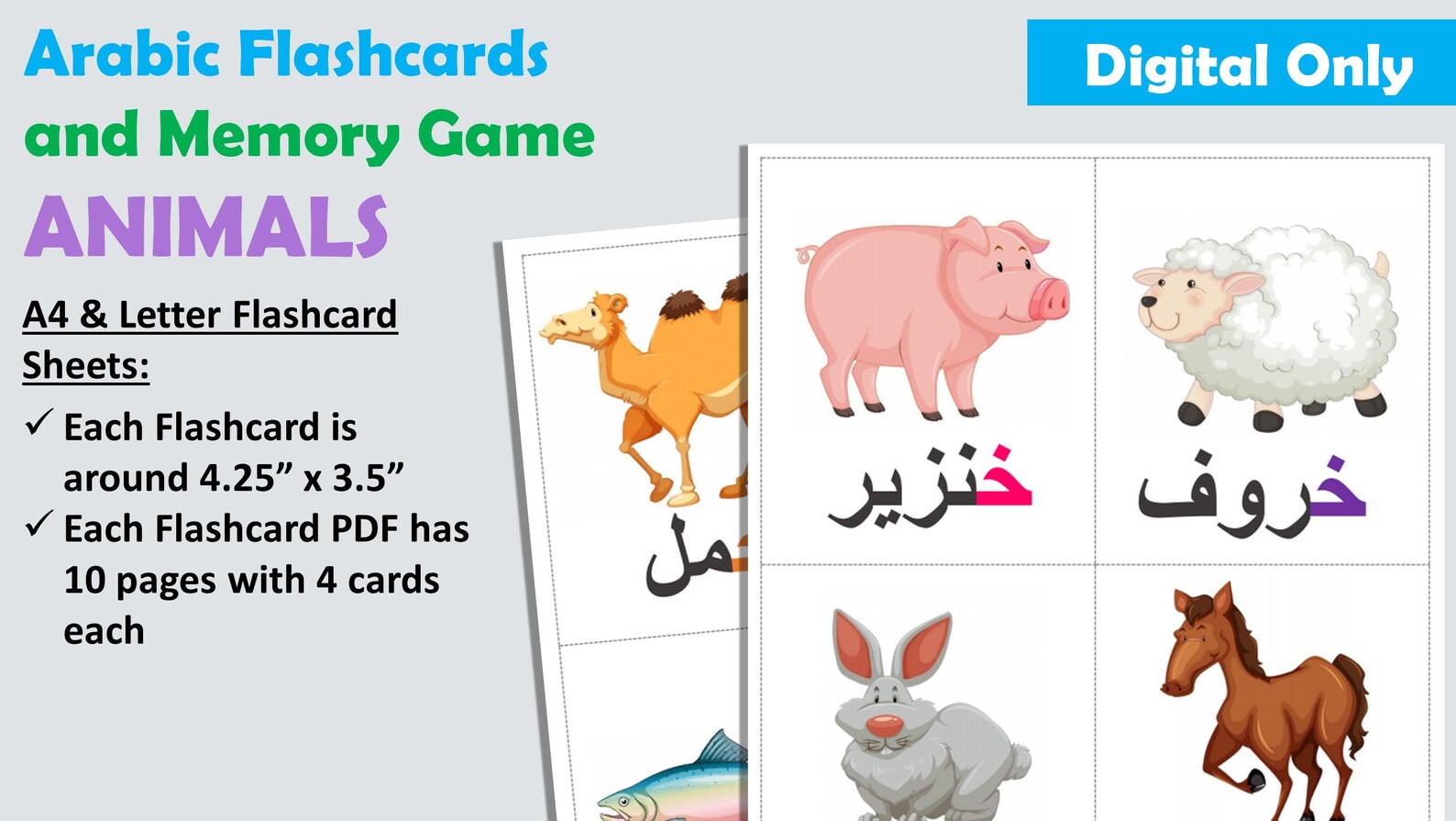 40 Printable Arabic Animals Flashcards and Memory Game (DIGITAL ONLY ...