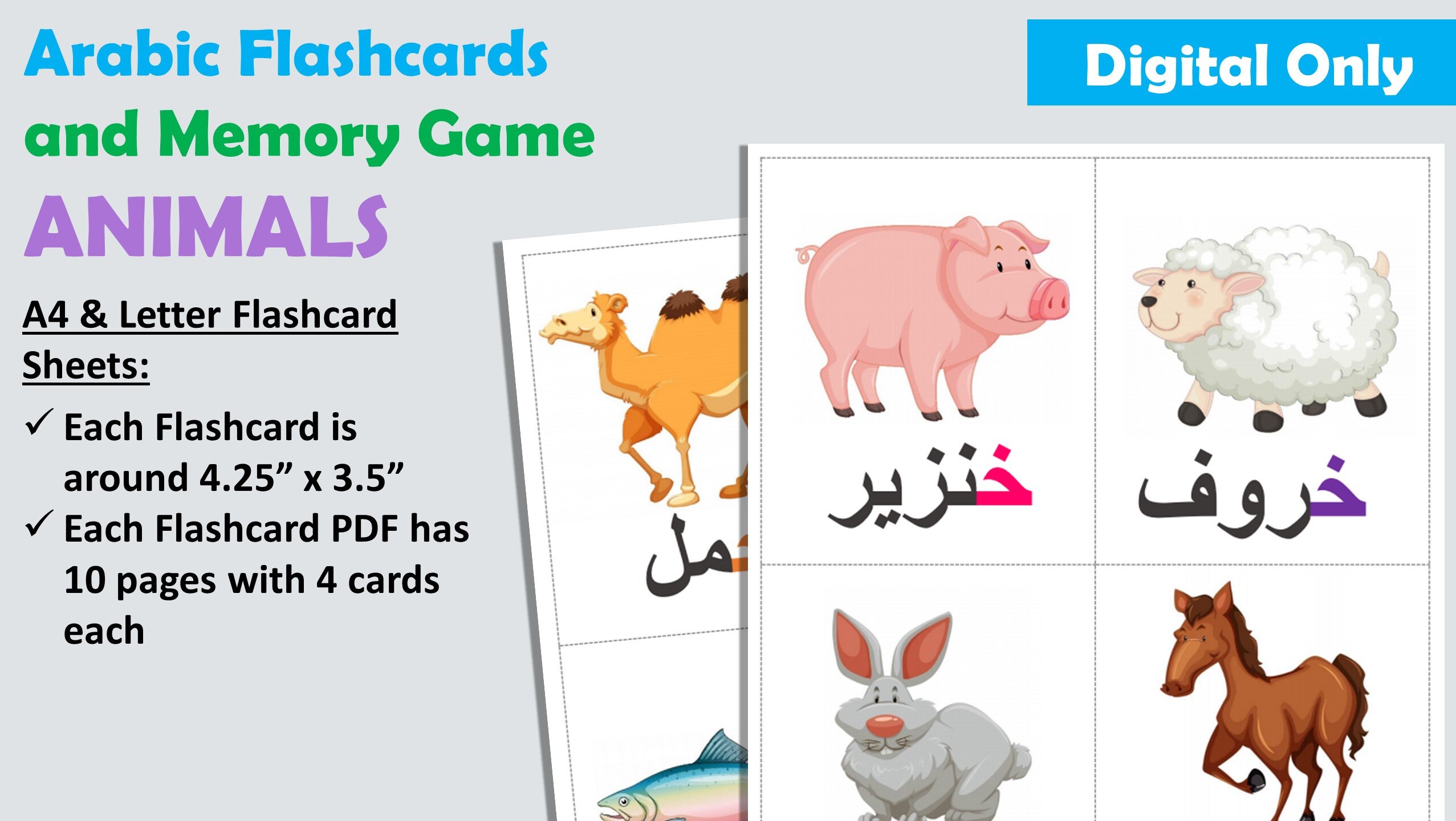 40 Printable Arabic Animals Flashcards and Memory Game (DIGITAL ONLY ...