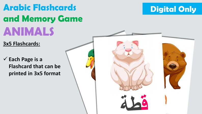 40 Printable Arabic Animals Flashcards and Memory Game (DIGITAL ONLY ...