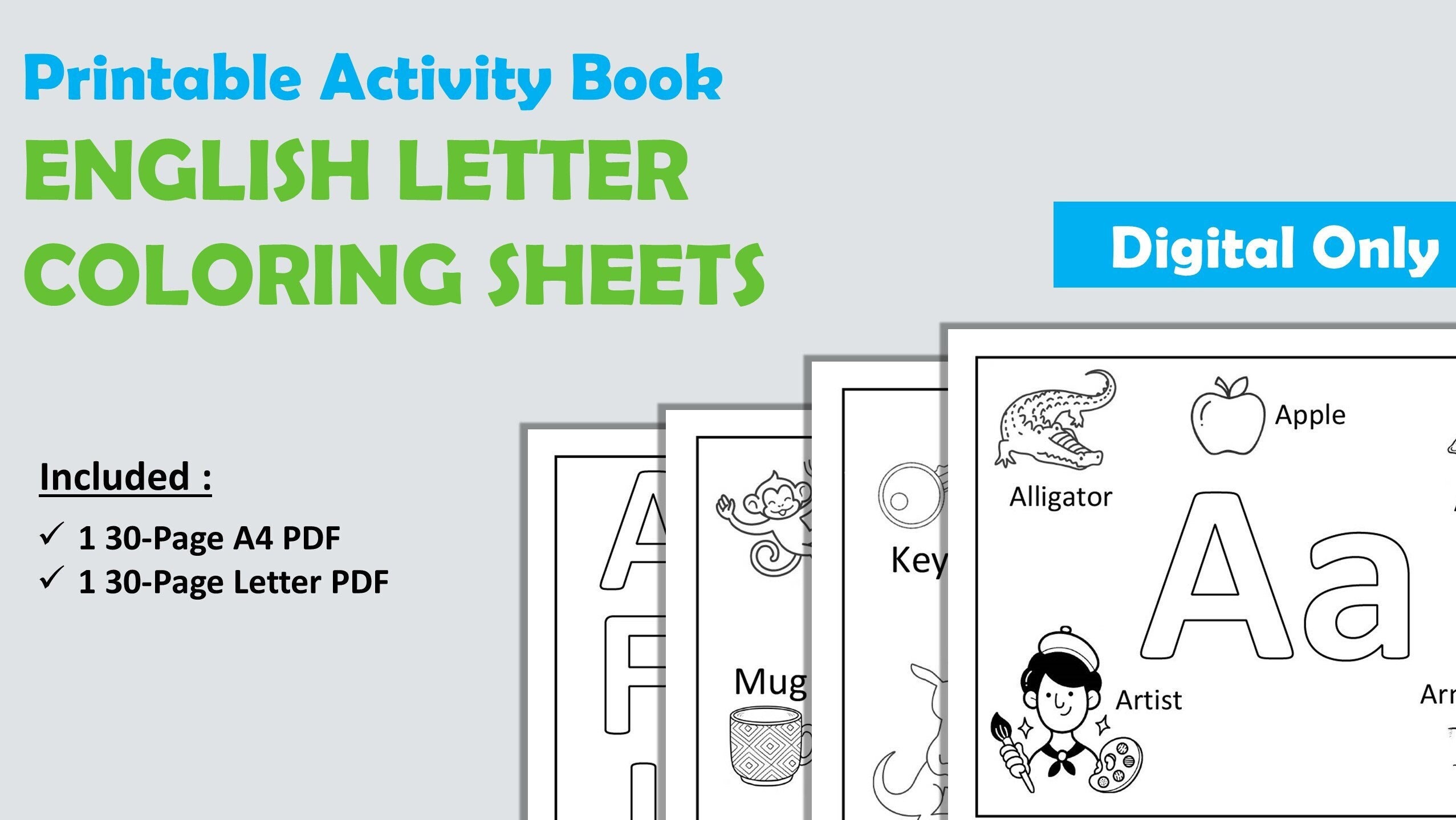 30-page Printable ENGLISH Alphabet Coloring Worksheets (DIGITAL ONLY ...