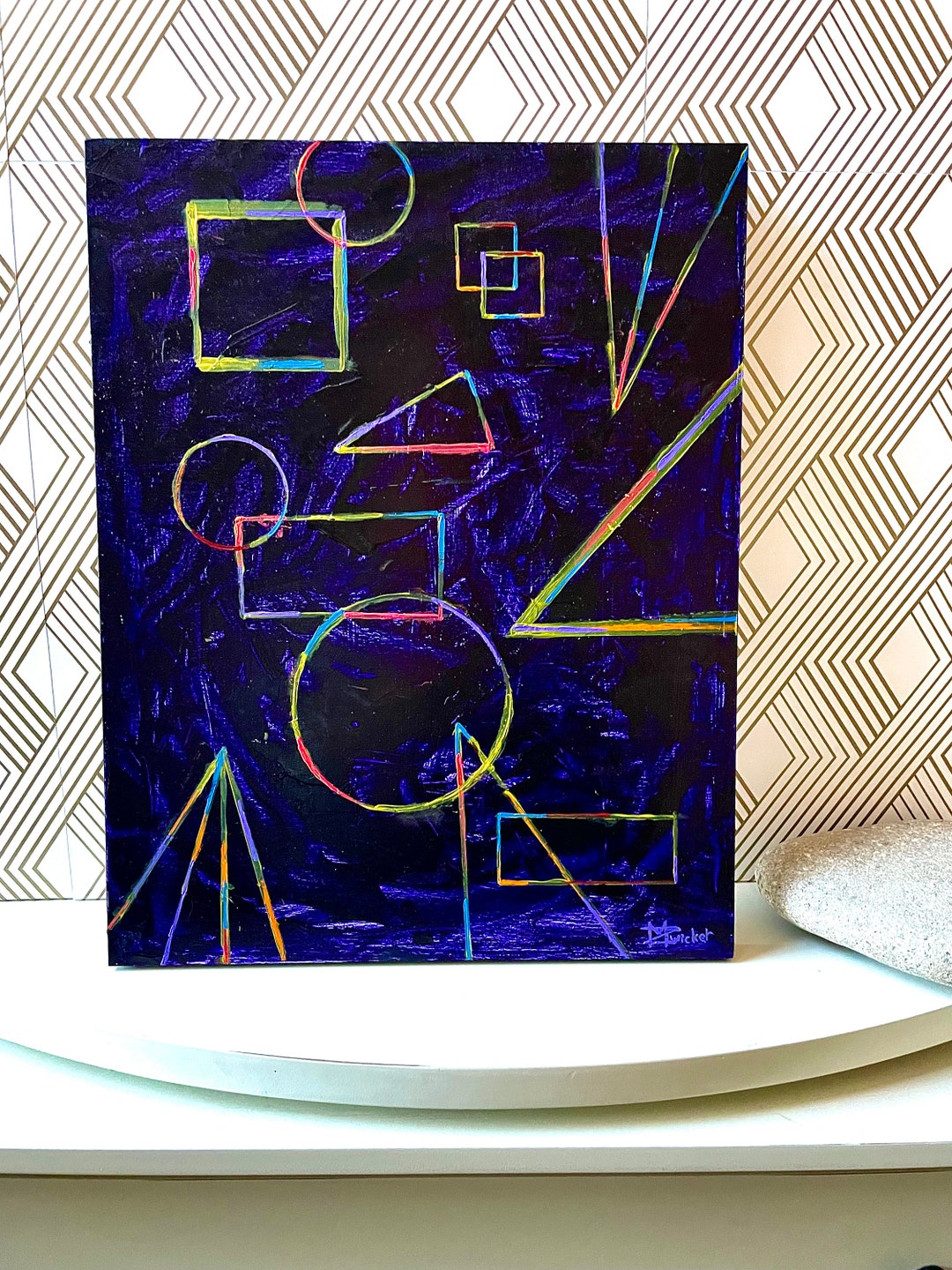 Original Acrylic Painting of Geometric Shapes on a Dark Purple/black ...