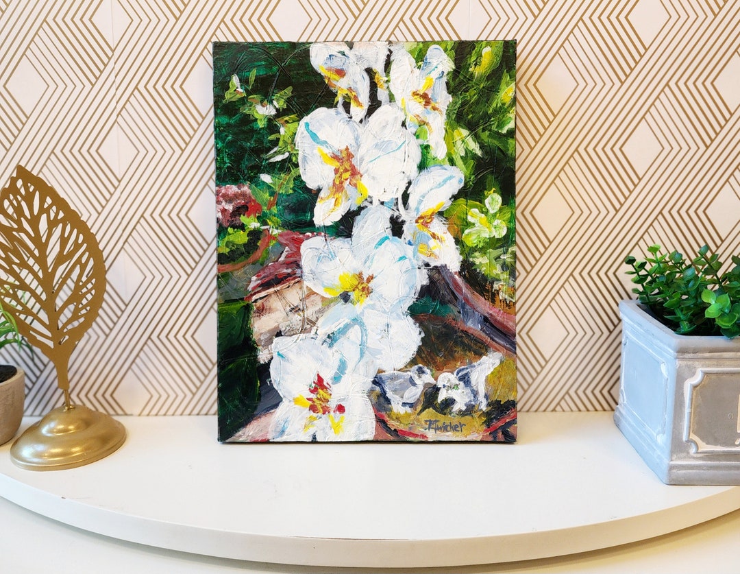 Original Acrylic Painting of Cascading Orchids With Love Birds on a ...