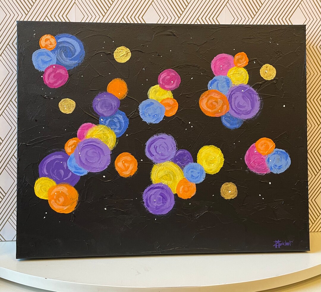 Acrylic Orbs Painting on a Black Textured Background-blue, Rose, Yellow ...