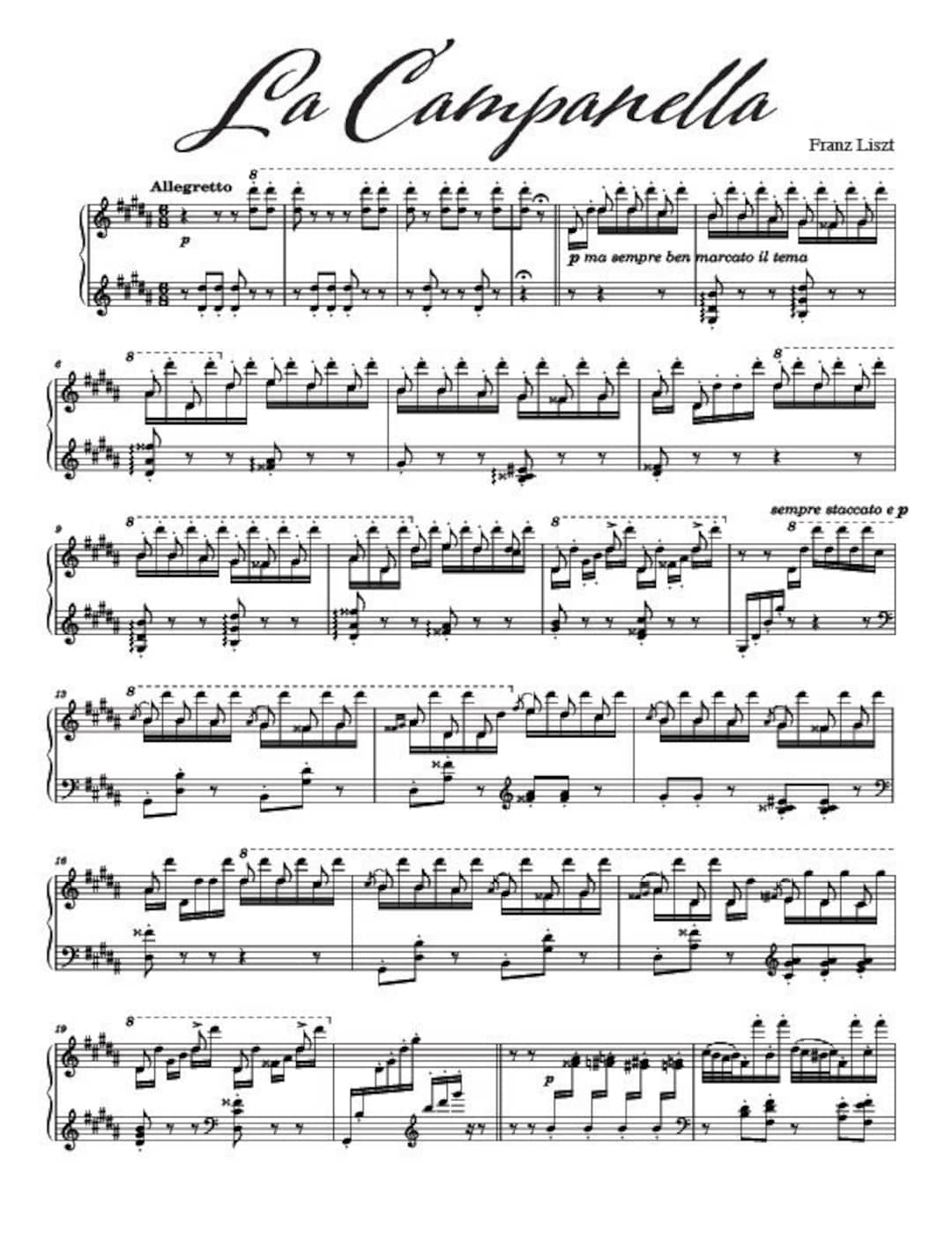 La Campanella Full Piano Sheet Music Arrangement Written by Franz Liszt Digital Download - Etsy