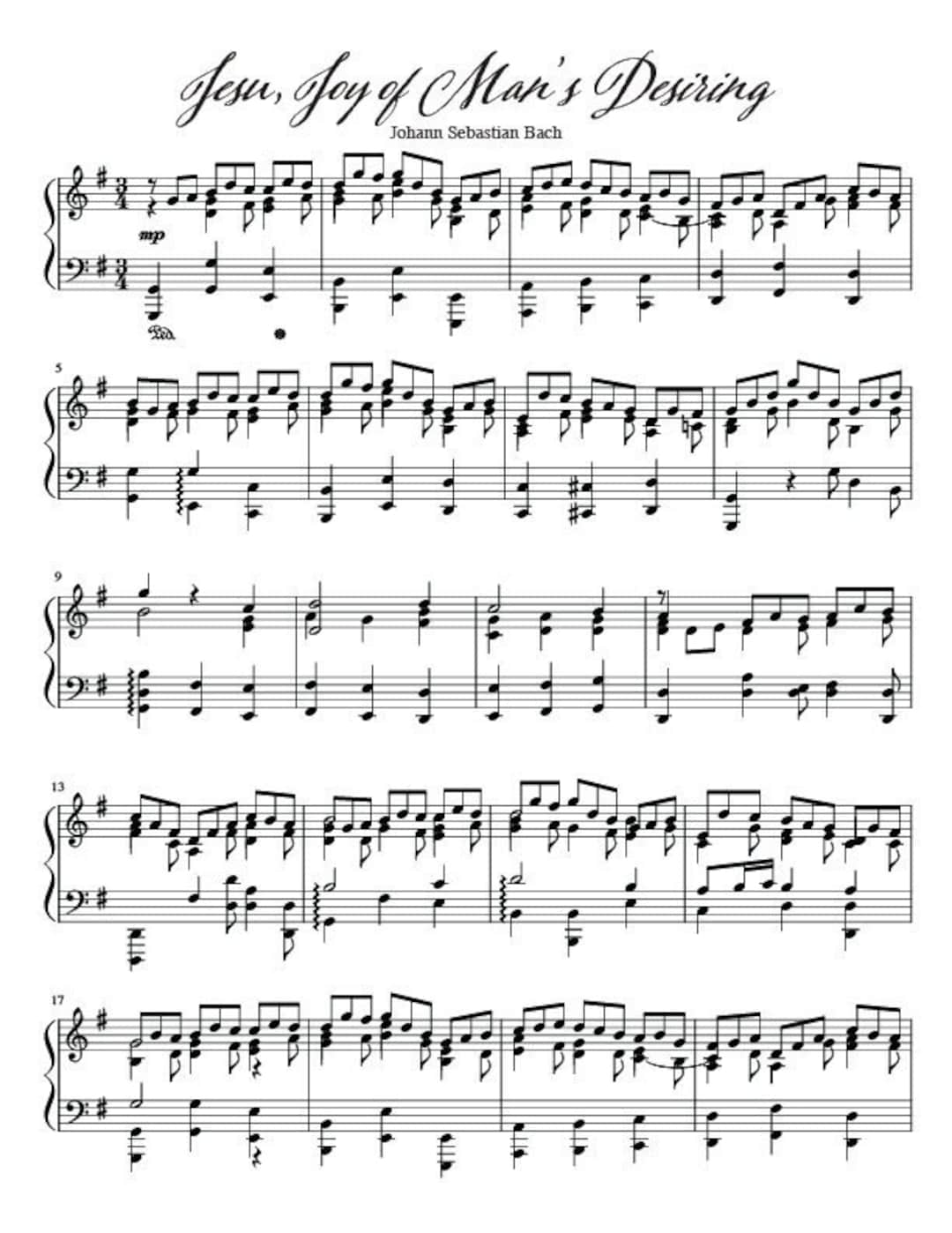 Jesu Joy of Man’s Desiring Sheet Music Full Piano Arrangement by Johann ...