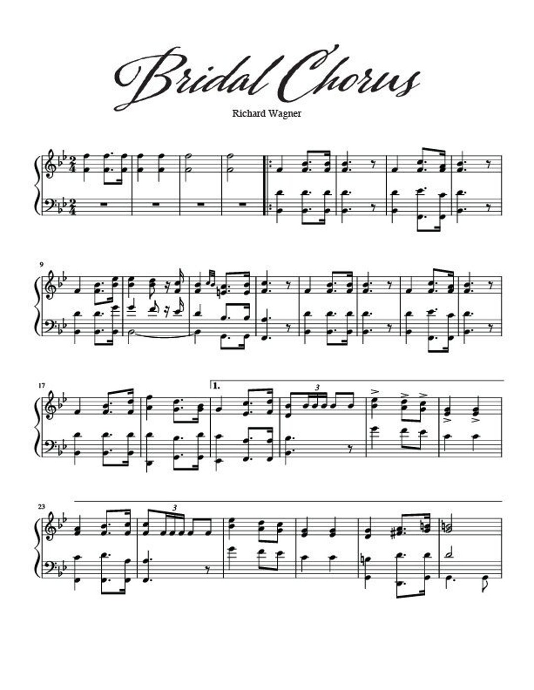Bridal Chorus Here Comes The Bride Sheet Music Full Piano Arrangement