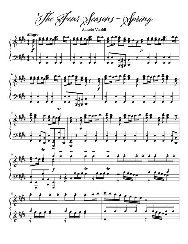 The Four Seasons Spring Sheet Music – Vivaldi Piano Solo PDF ...