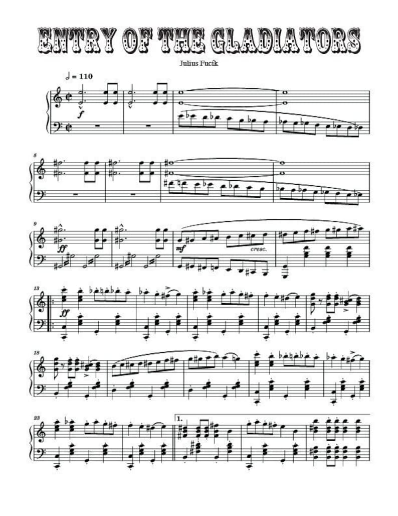 Entry of the Gladiators Piano Sheet Music: Julius Fucik Arrangement (PDF Digital Download) - Etsy