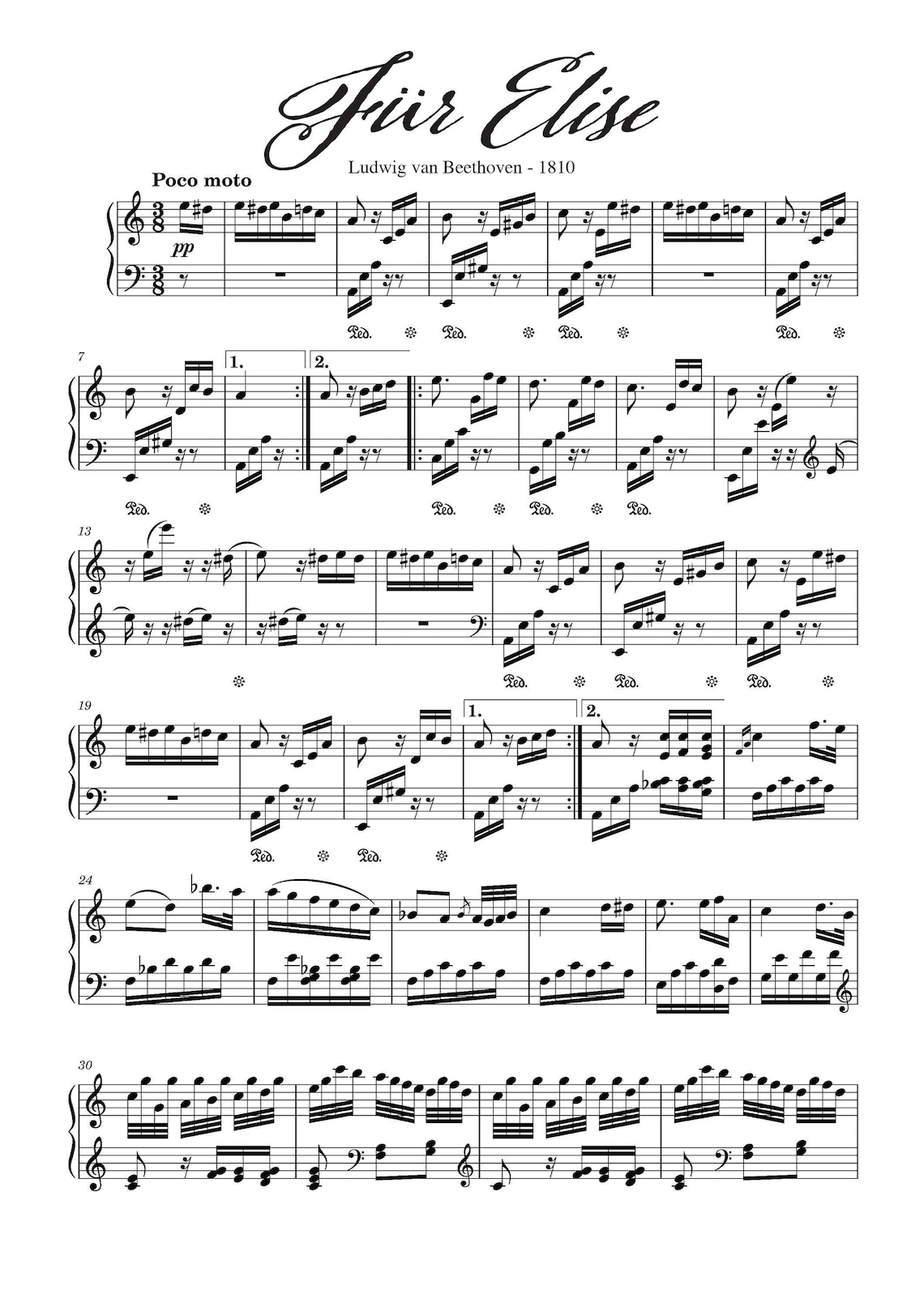 Fur Elise Piano Sheet Music: Beethoven Classical (instant Download PDF ...