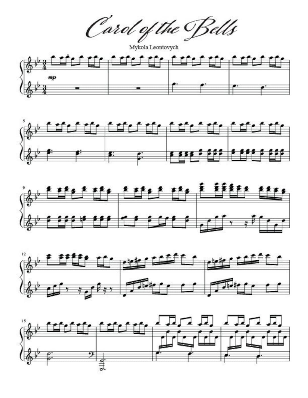 Carol of the Bells Sheet Music for Piano Complete Arrangement - Instant ...