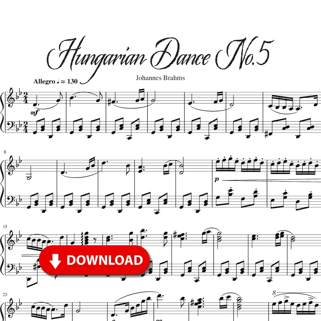 Hungarian Dance No. 5 Sheet Music Full Piano Arrangement by Johannes ...