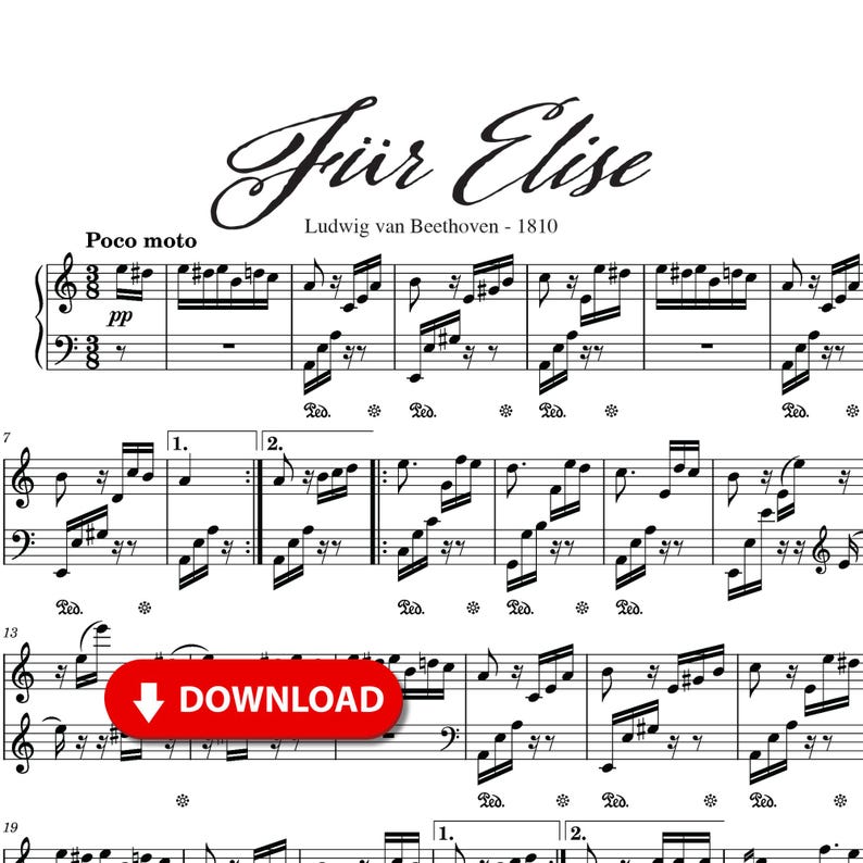 Fur Elise Piano Sheet Music: Beethoven Classical (instant Download PDF ...