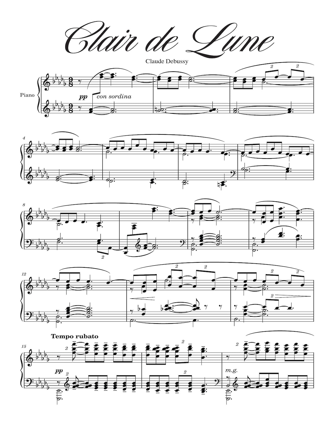 Clair De Lune Piano Sheet Music: Debussy, Easy-intermediate (digital ...