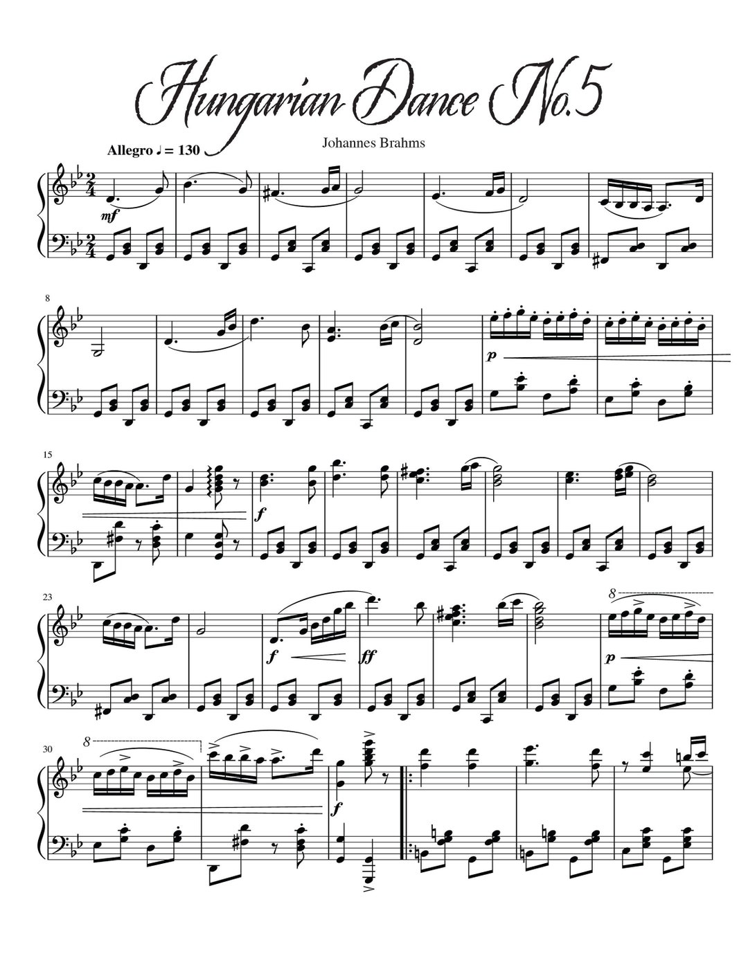 Hungarian Dance No. 5 Sheet Music Full Piano Arrangement by Johannes ...