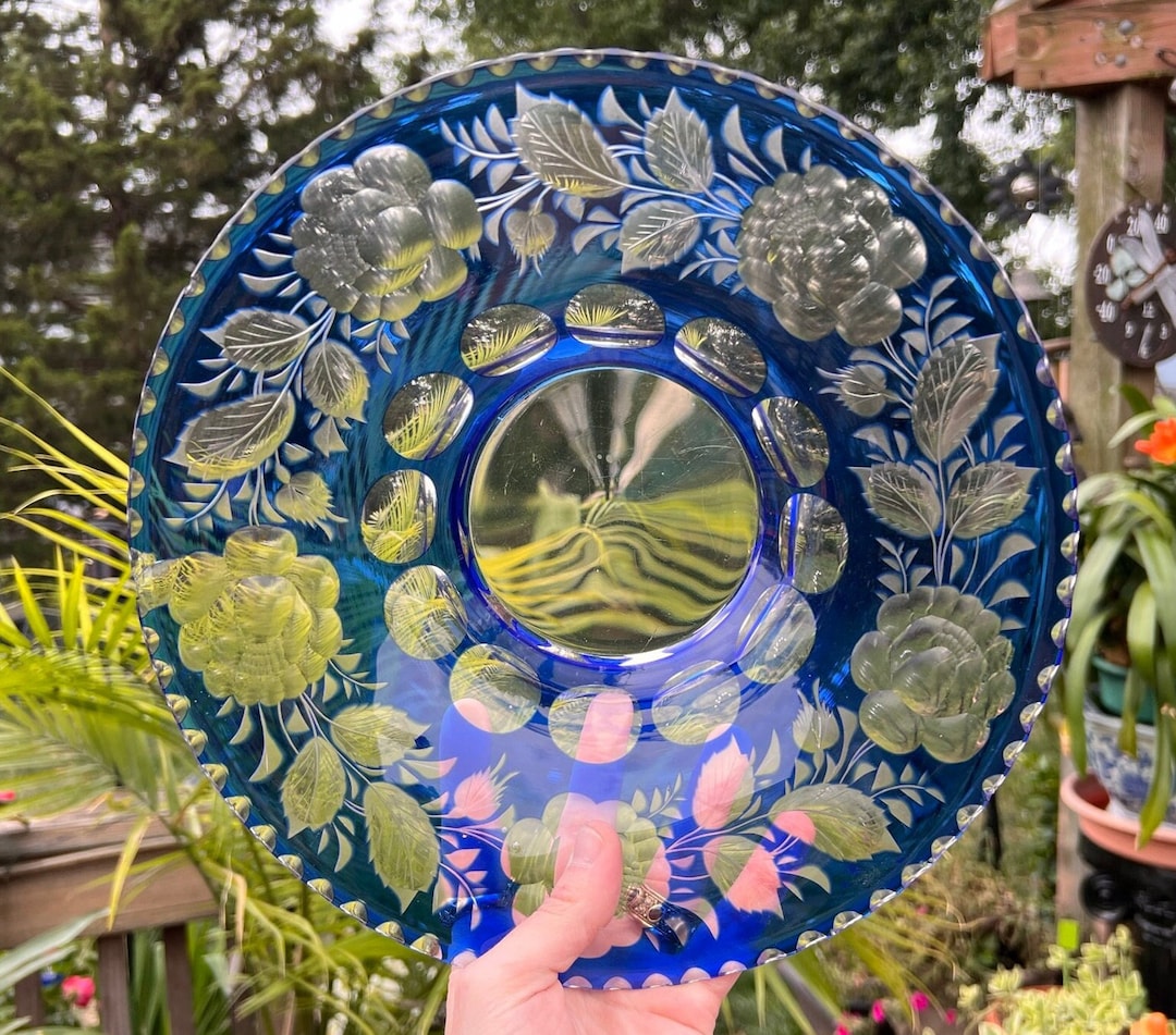 Cobalt Blue Bohemian Glass Centerpiece | Large 11” Cut-to Clear Crystal ...