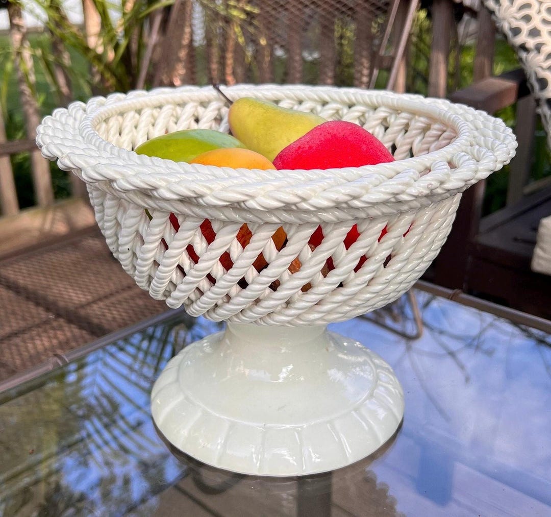 1950s Woven White Porcelain Fruit Bowl | White Ceramic Spanish Faïence ...