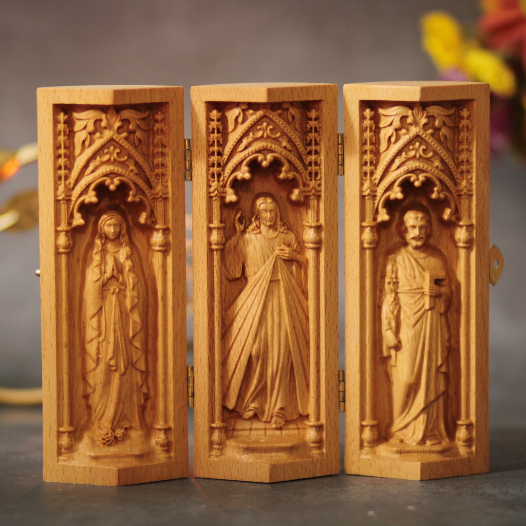 Wooden Catholic Holy Family Triptych of Virgin Mary Jesus Christ St. Joseph Religious Gifts Home ...