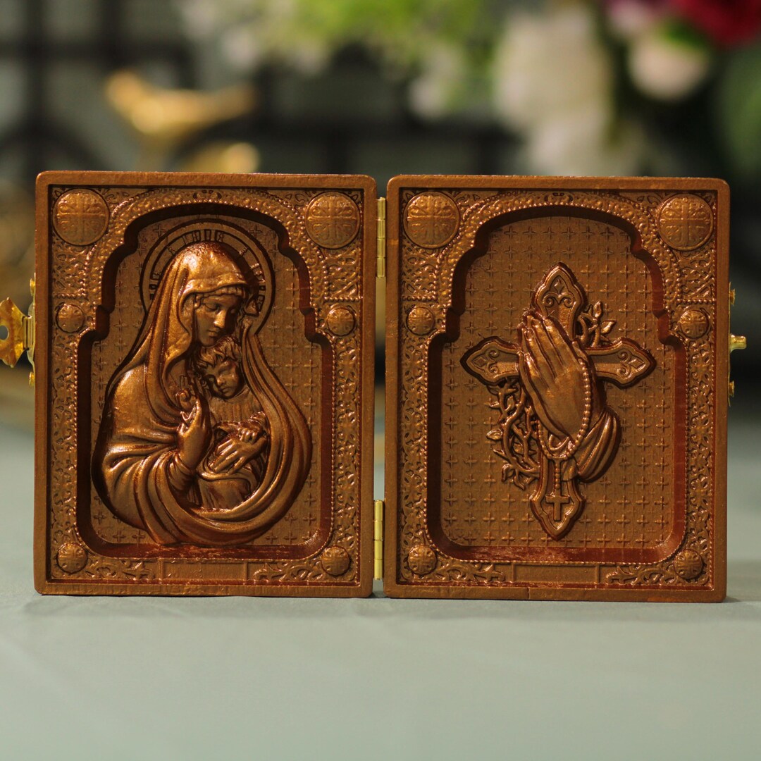 Orthodox Diptych of Mother Mary Holding Baby Jesus and Praying Cross ...