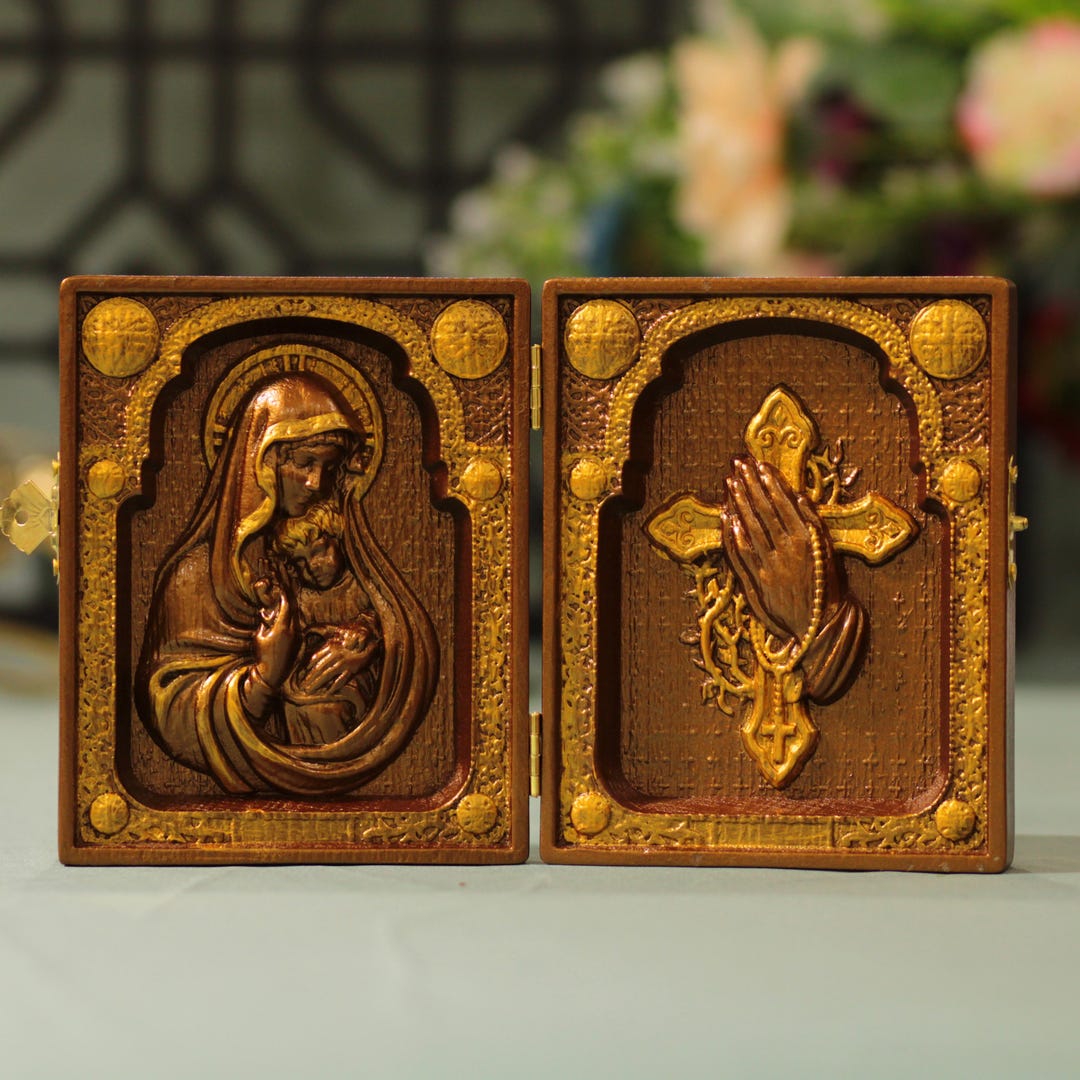 Orthodox Diptych of Mother Mary Holding Baby Jesus and Praying Cross ...