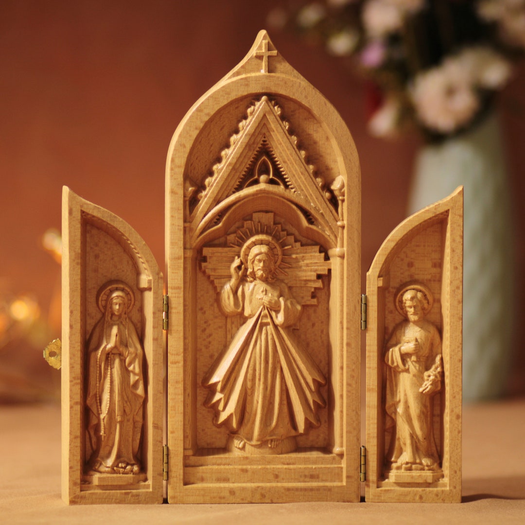 Catholic Triptych Jesus Christ St. Joseph Virgin Mary Religious Gifts Wooden Catholic Home Altar ...