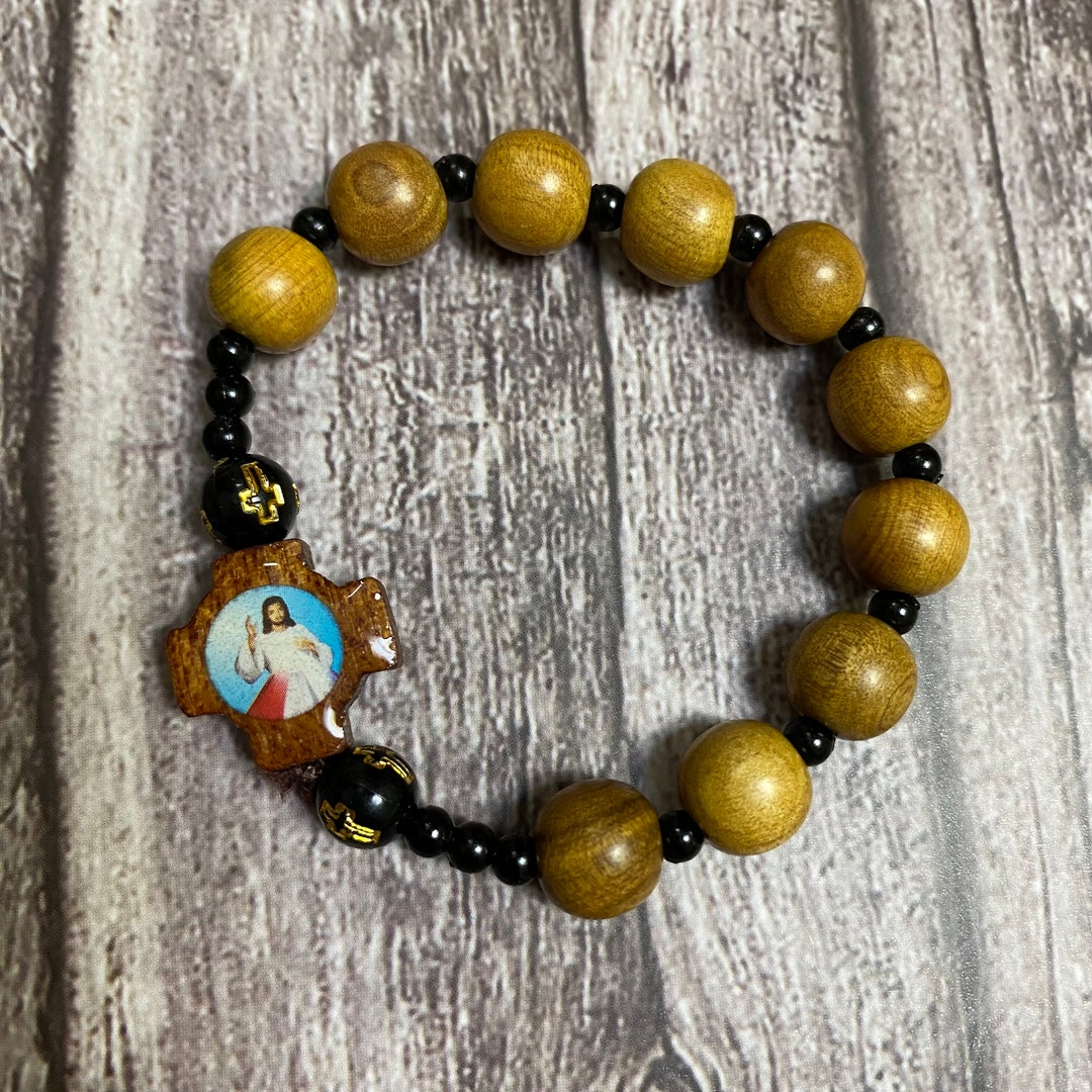 Natural Wood Catholic Bracelet With Jesus Blessing, Christian Bracelet ...