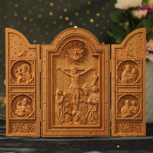 Catholic Wooden Triptych Crucifixion Wall Art With Four Evangelists St ...