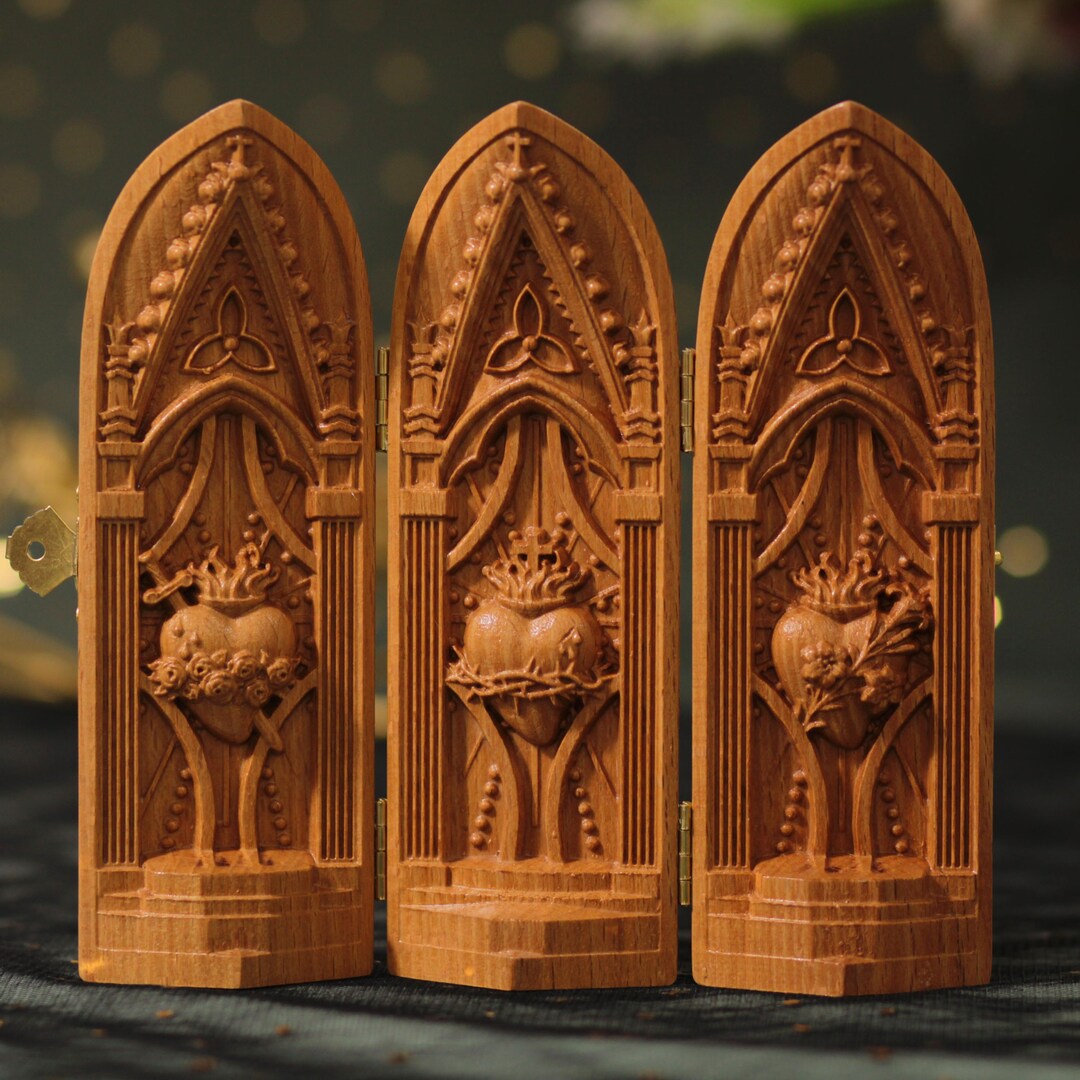 Catholic Wooden Triptych Sacred Heart Jesus Mary Joseph Immaculate ...