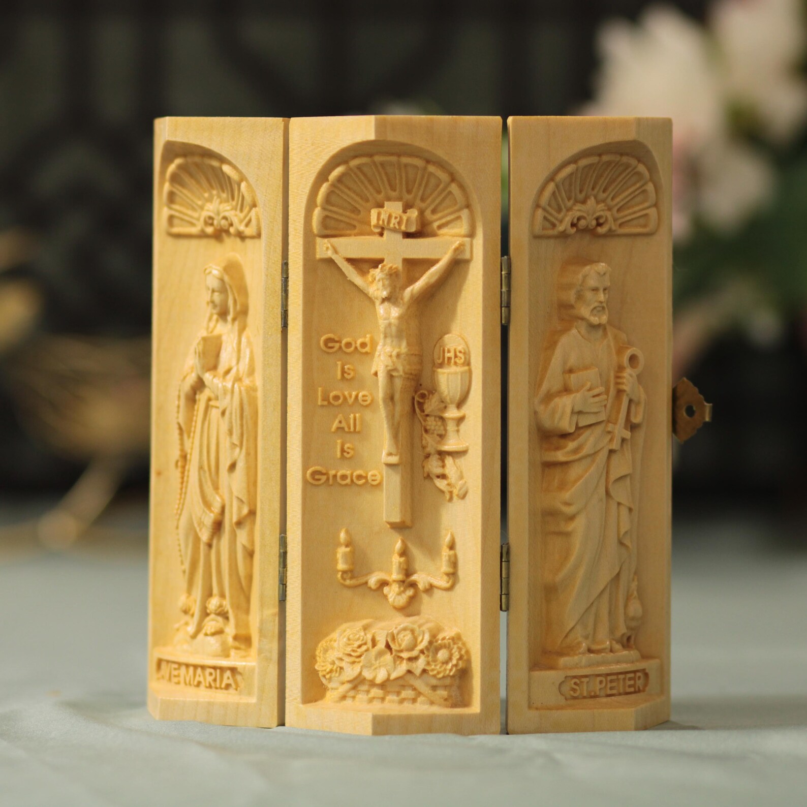 Crucifix Christ | Virgin Mary | St. Peter Wood Catholic Triptych Icon ...